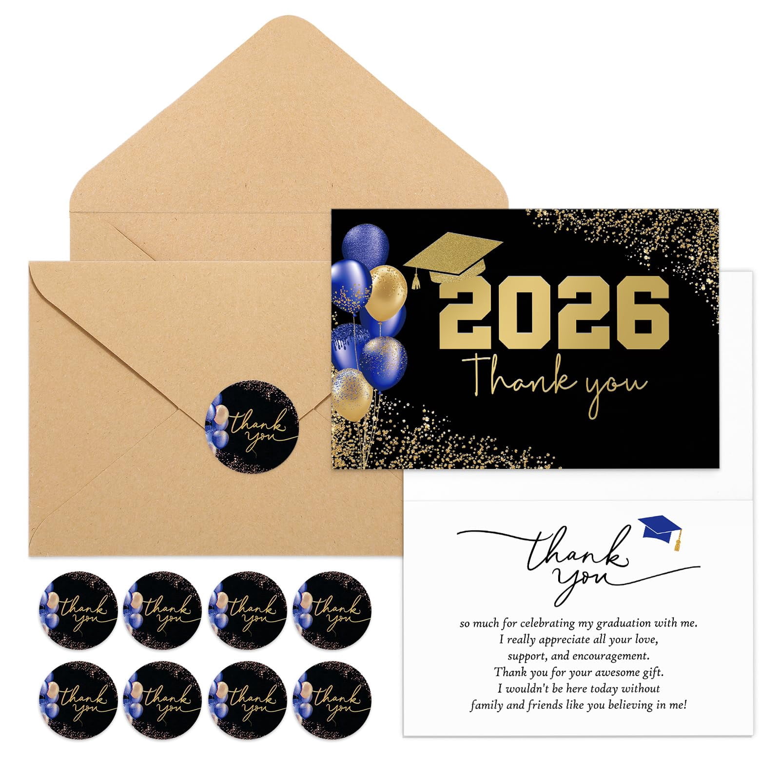 Blue 2026 Graduation Thank You Note Cards with Envelopes and Stickers ...