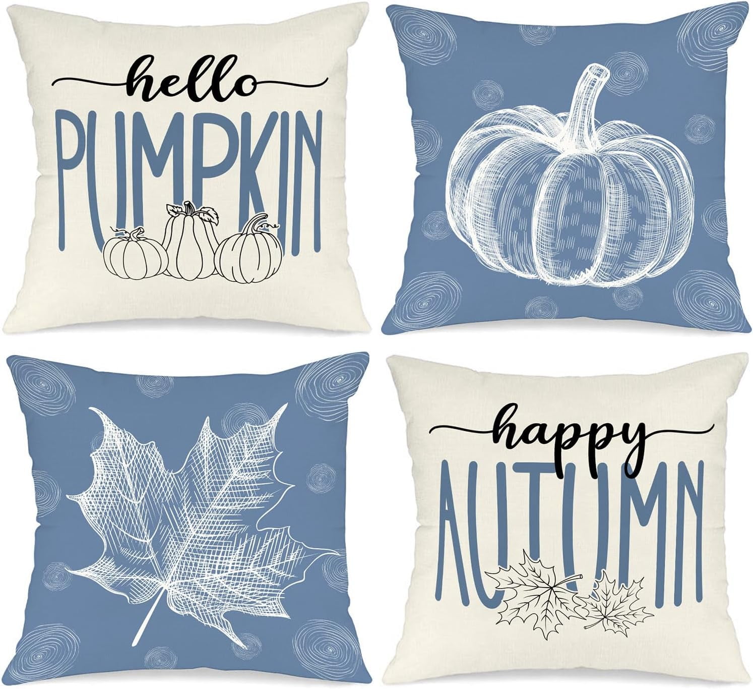 Blue 20x20 Throw Fall Pillow Covers Set of 4, Maple Leaf Pumpkin ...