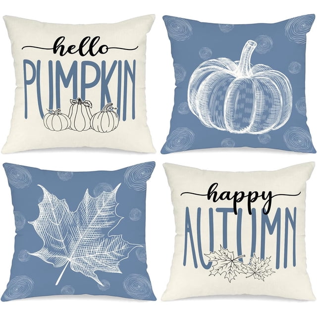 Blue 20x20 Throw Fall Pillow Covers Set of 4, Maple Leaf Pumpkin ...