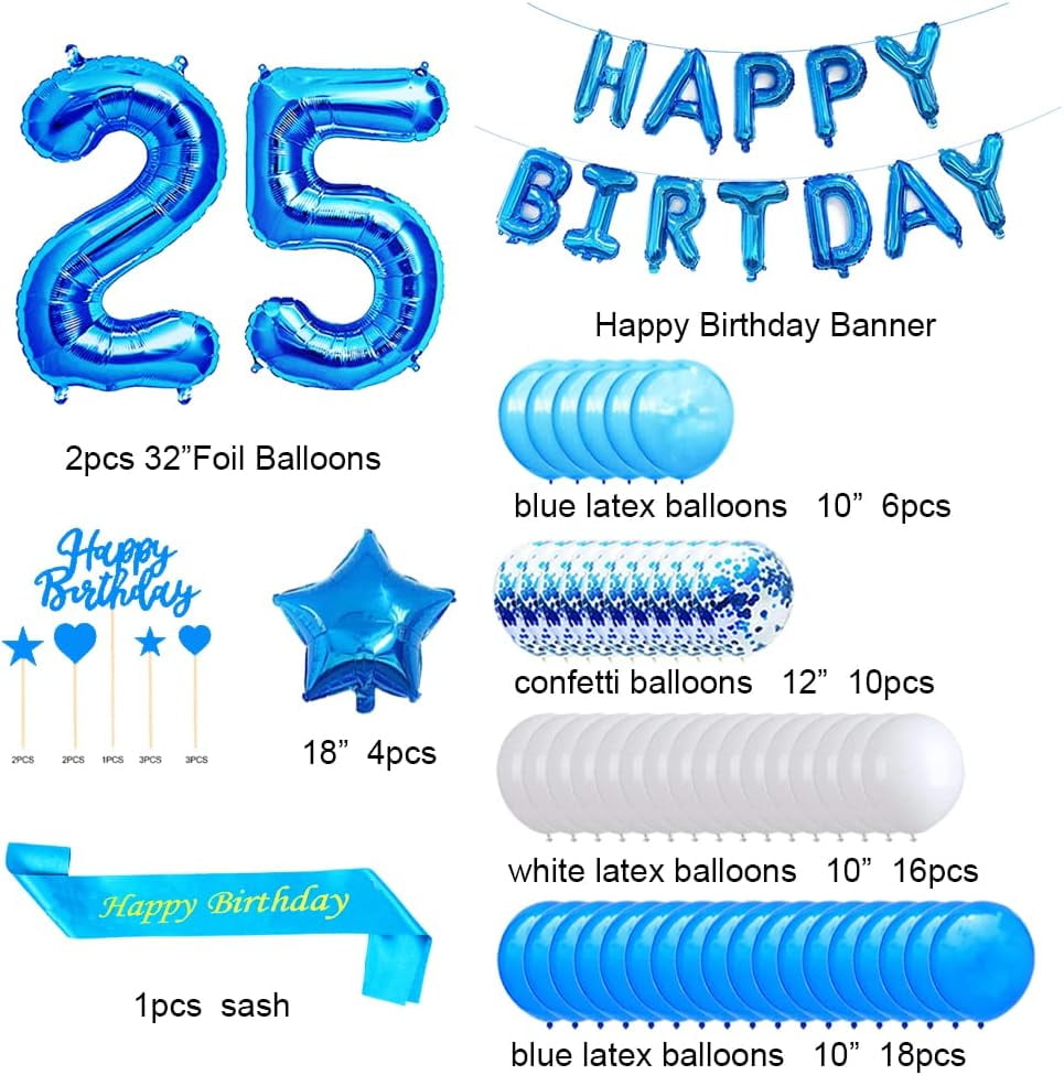 Blue 25Th Birthday Decoration Happy Birthday Banner Number 25 Balloons ...