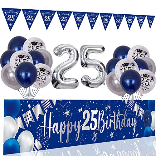 Blue 25th Birthday Decorations Pack - Happy 25th Backdrop, Balloons ...