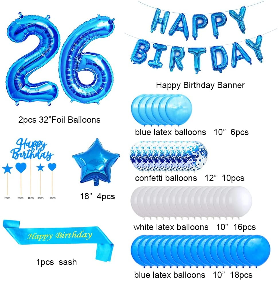 Blue 26Th Birthday Decoration Happy Birthday Banner Number 26 Balloons ...