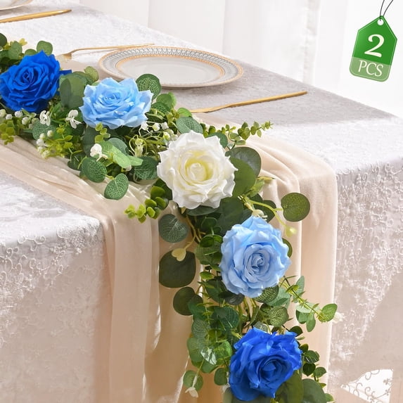 Blue 2Pcs Artificial Silk Rose Flower Garland 13 Ft Hanging Vine for ...