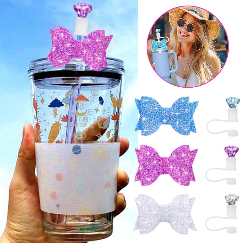 Blue 2pcs 2pcs Shiny Diamond Straw Cap For Stanley Cup Decoration Big Bow Cartoon Cute Doll ...