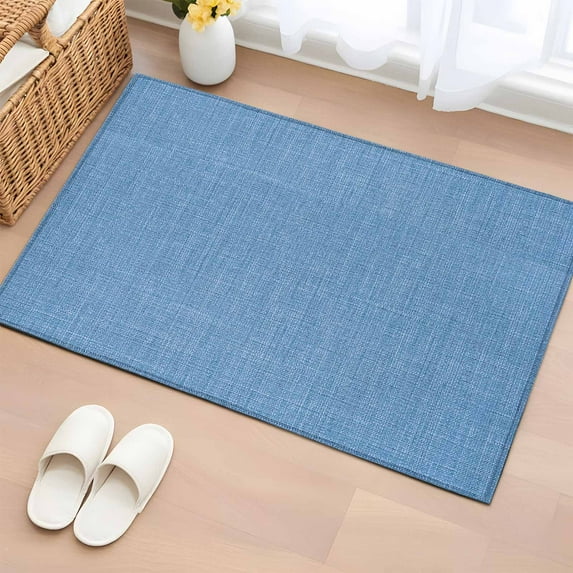 Blue 2x3 Door Mat Rug, Farmhouse Burlap Solid Blue Color Modern Linen ...