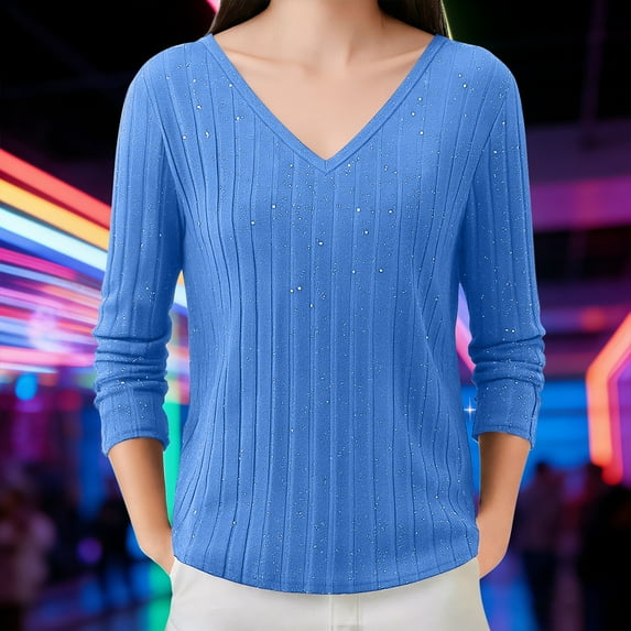 Blue 3/4 Sleeve Shirts for Women's Winter V Neck Real Sequin Glitter ...