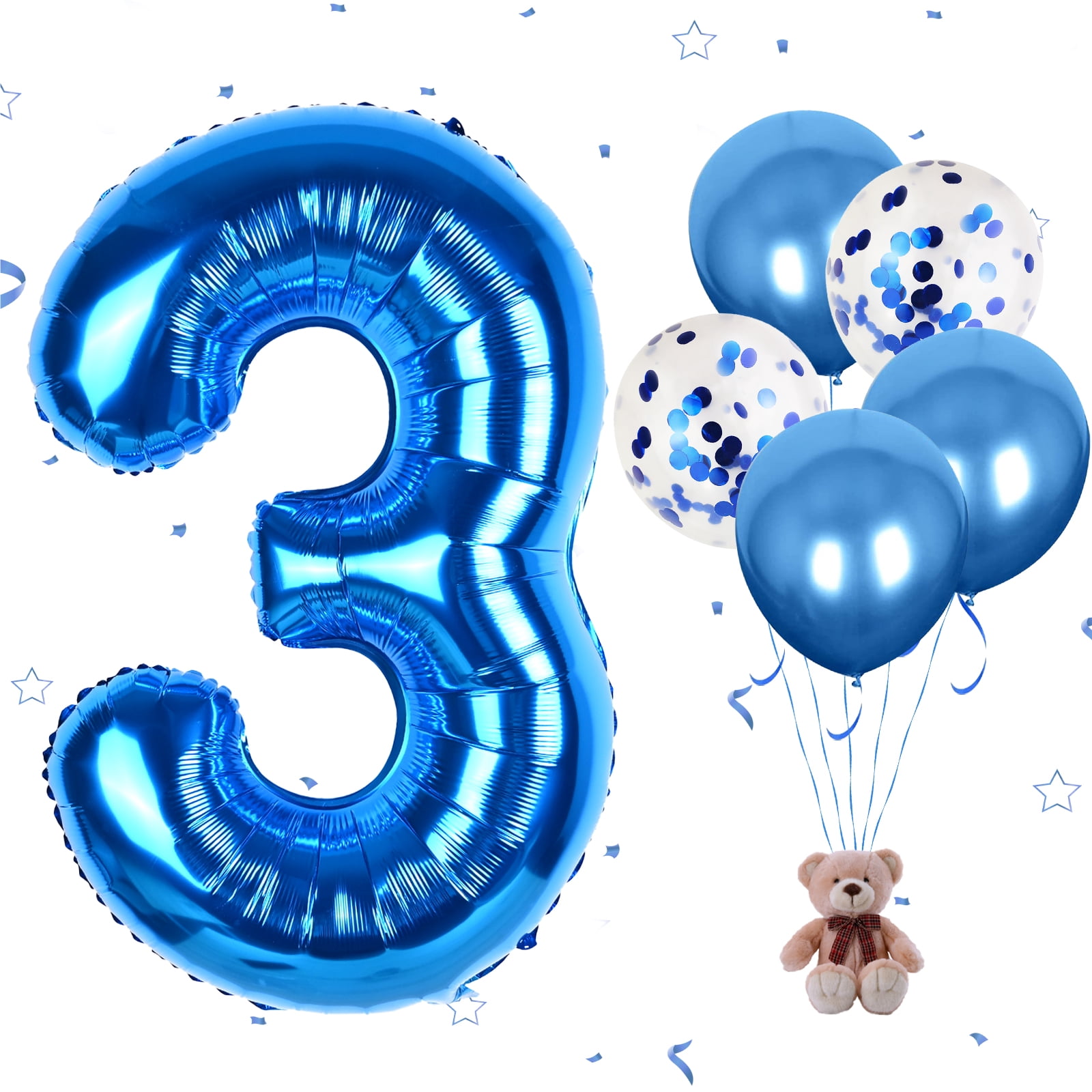 Blue 3 Balloons, Number 3 Balloon, 3 Birthday Balloons Helium Mylar ...