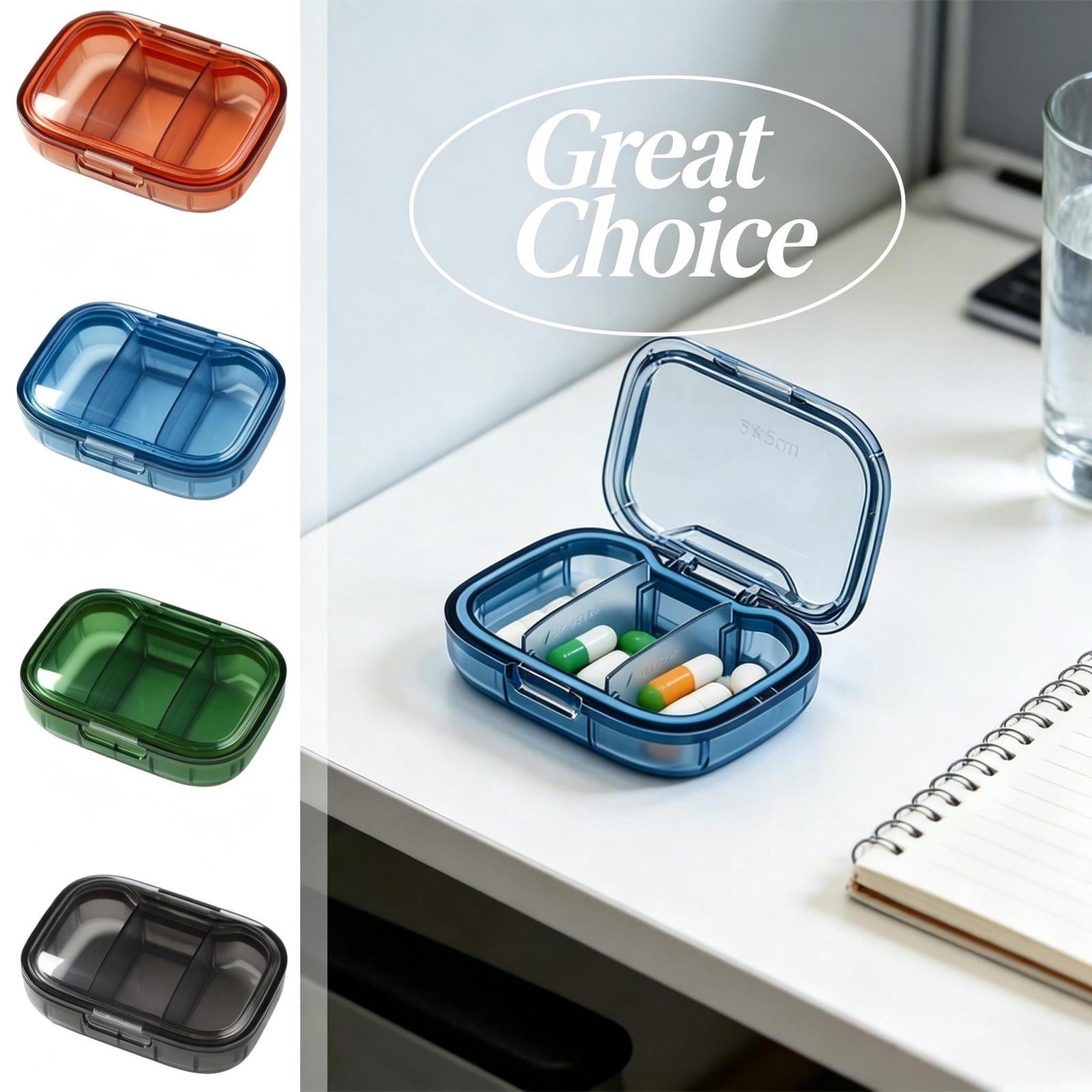 Blue 3-Compartment Mini Pill Organizer, Airtight Semi-Transparent ...