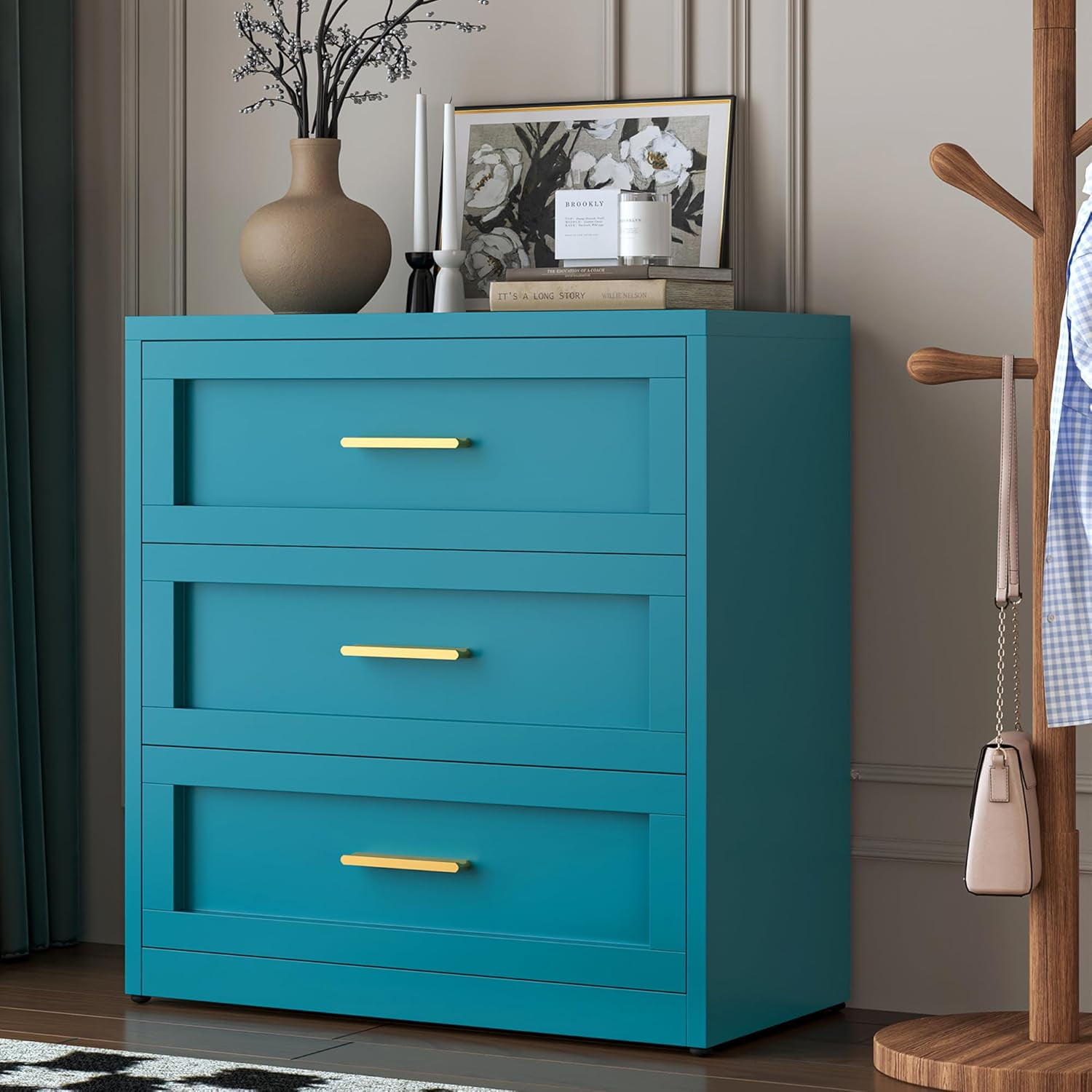 Blue 3 Drawer Metal Dresser for Bedroom, Modern Wide Dresser for Closet ...