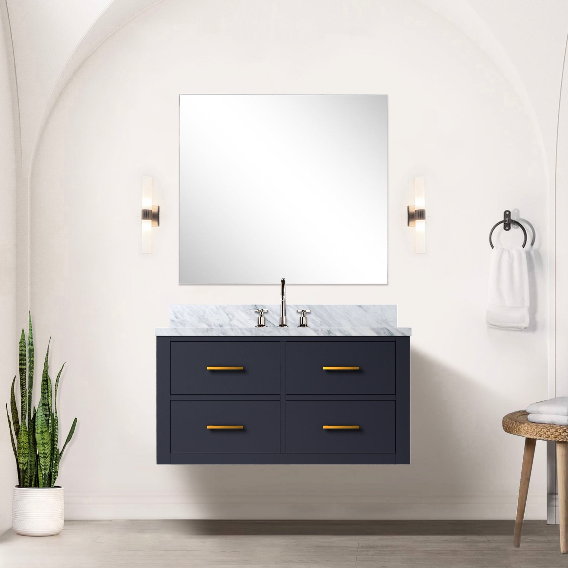 Blue 36 In. X 22 Bath Vanity With Marble Top And 34 Mirror, Soft Close ...
