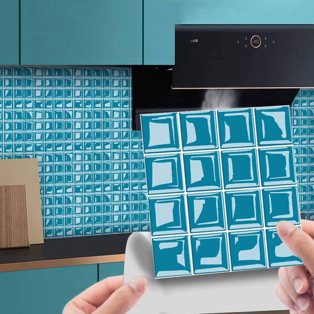 Blue 3D Art Sticker Tile 10-Sheets Peel and Stick Kitchen Backsplash ...