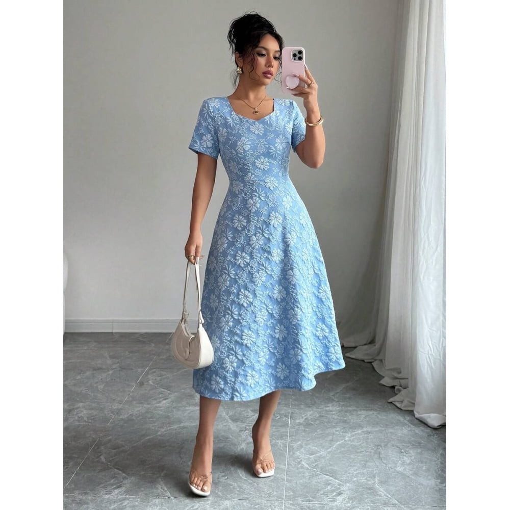 Blue 3D Floral Embossed Square Neck Short Sleeve A-Line Midi Dress ...