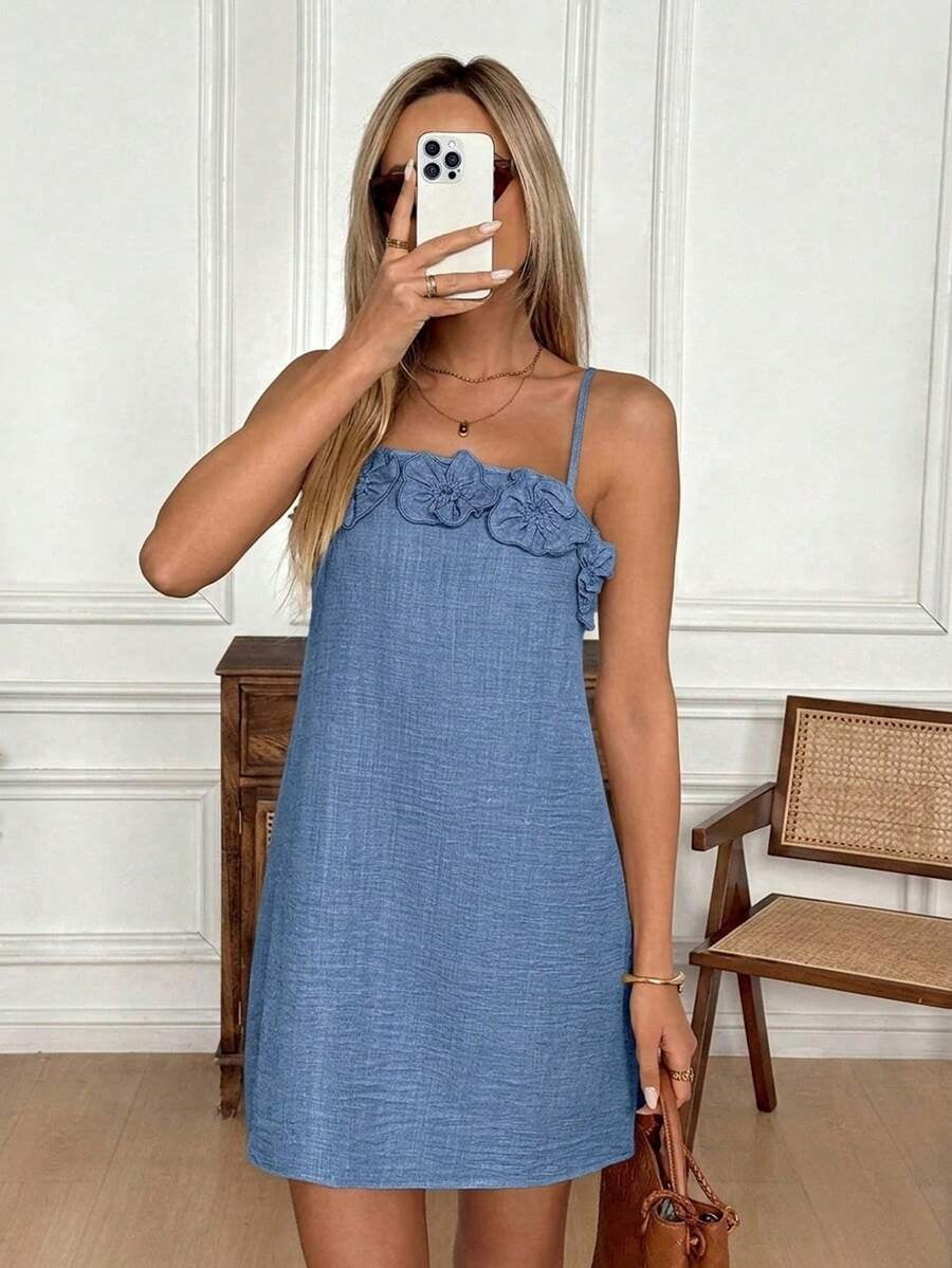 Blue 3D Floral Ruffle A-Line Sundress For Women Casual Vacation Mini ...