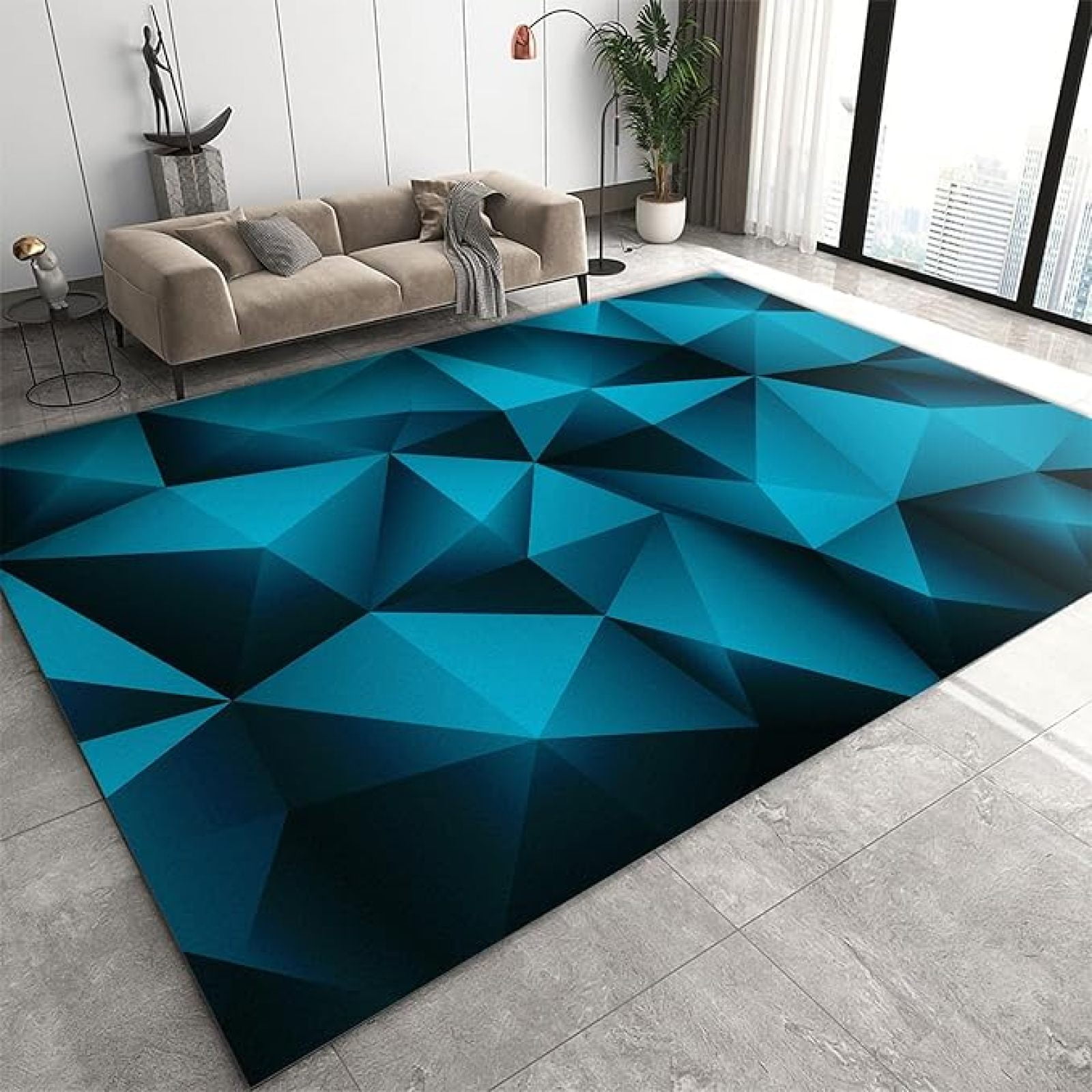 Blue 3D Geometry Area Rug, Triangle Optical Illusion Indoor Non Slip ...