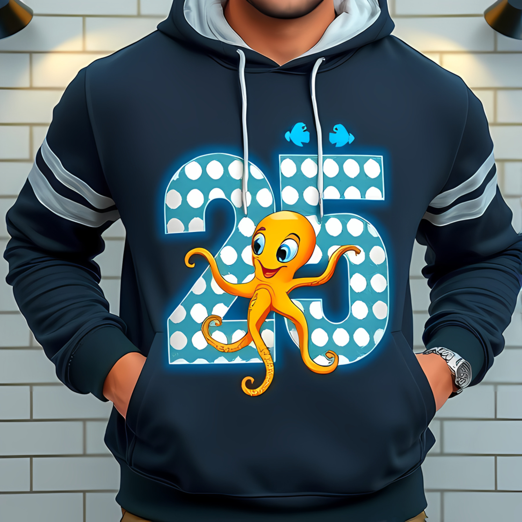 Blue 3D Hoodie with White Stripes Cartoon Octopus & Polka Dot Number 25 ...