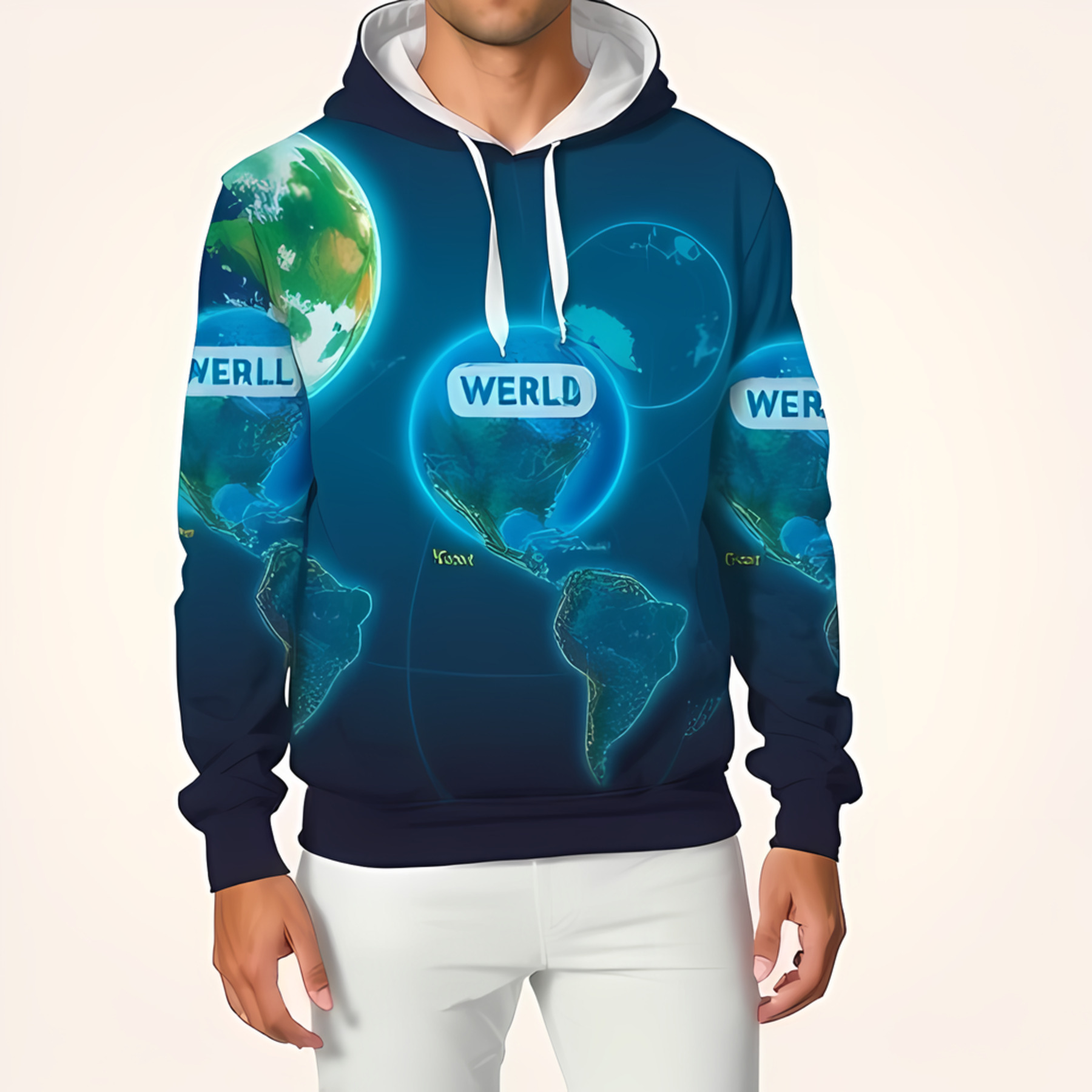 Blue 3D World Map Hoodie with White Hood - Graphic Design for Global ...