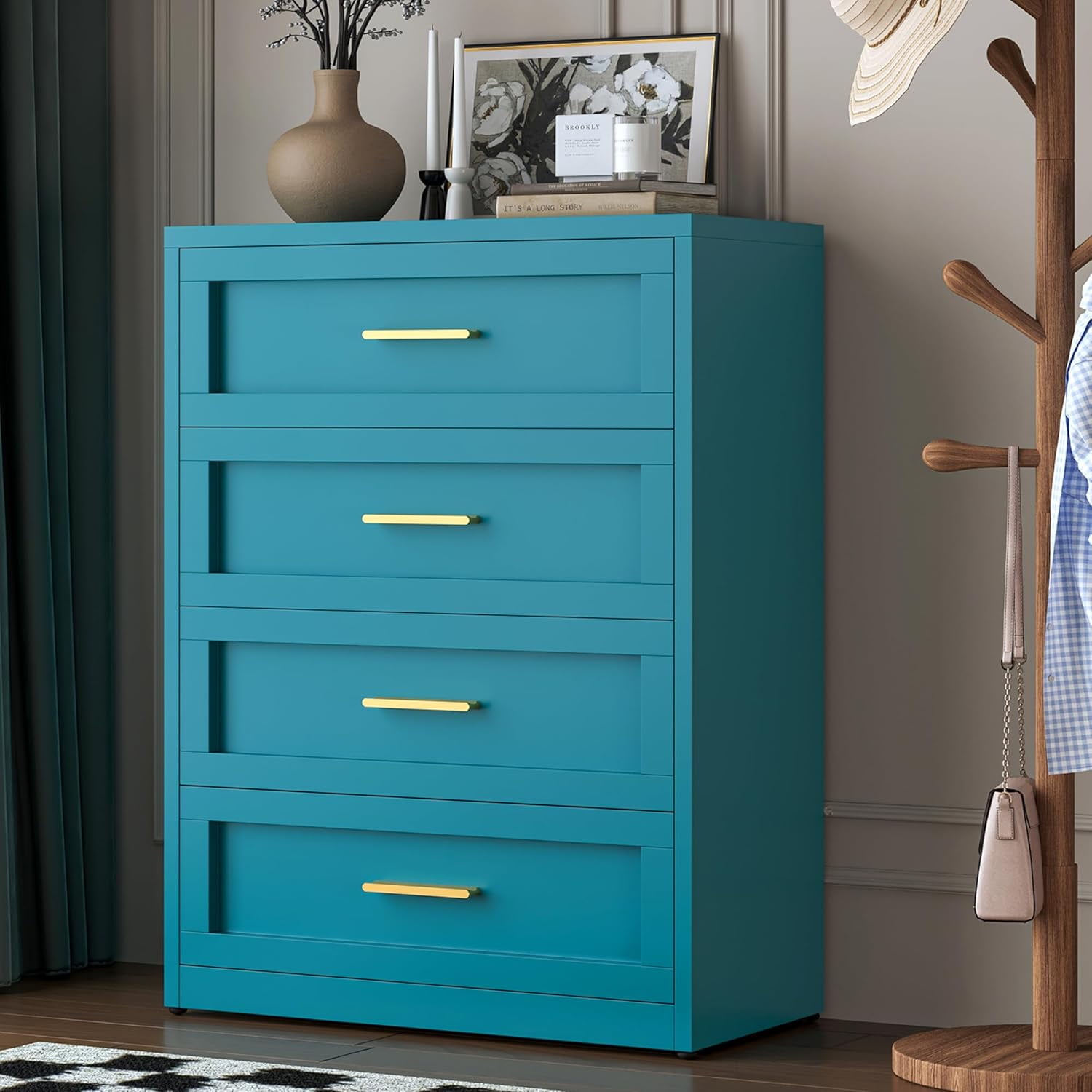 Blue 4 Drawer Metal Dresser for Bedroom, Modern Tall Dresser for Closet ...