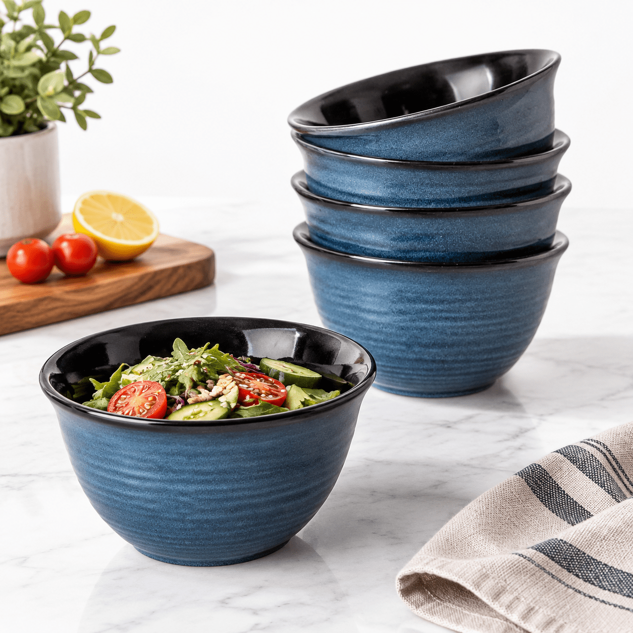 Blue 40 oz Ceramic Serving Bowl Set of 4 for Soup Cereal Salad Pasta ...