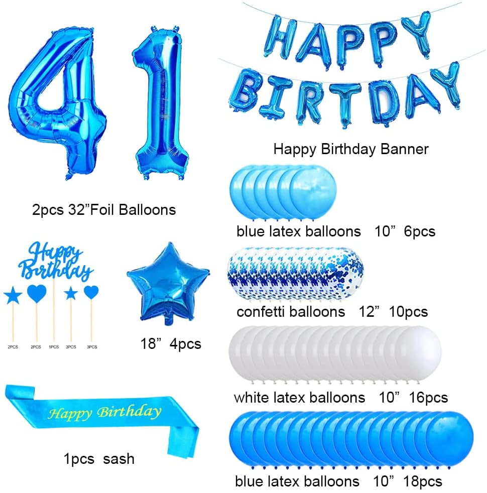 Blue 41St Birthday Decoration Happy Birthday Banner Number 41 Balloons ...