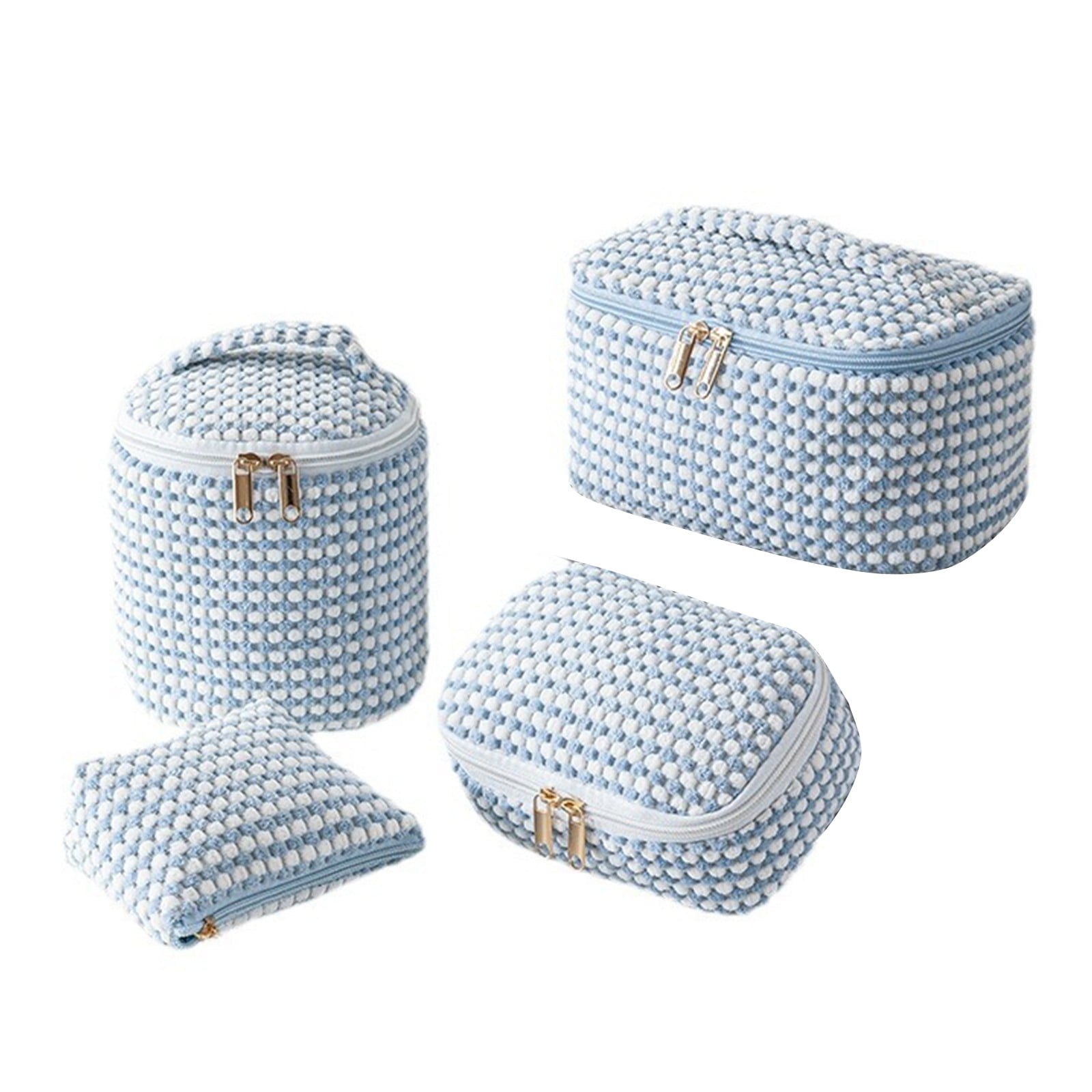 Blue 4Pcs Travel Portable Velvet Corduroy Makeup Toiletry Bag Set With ...