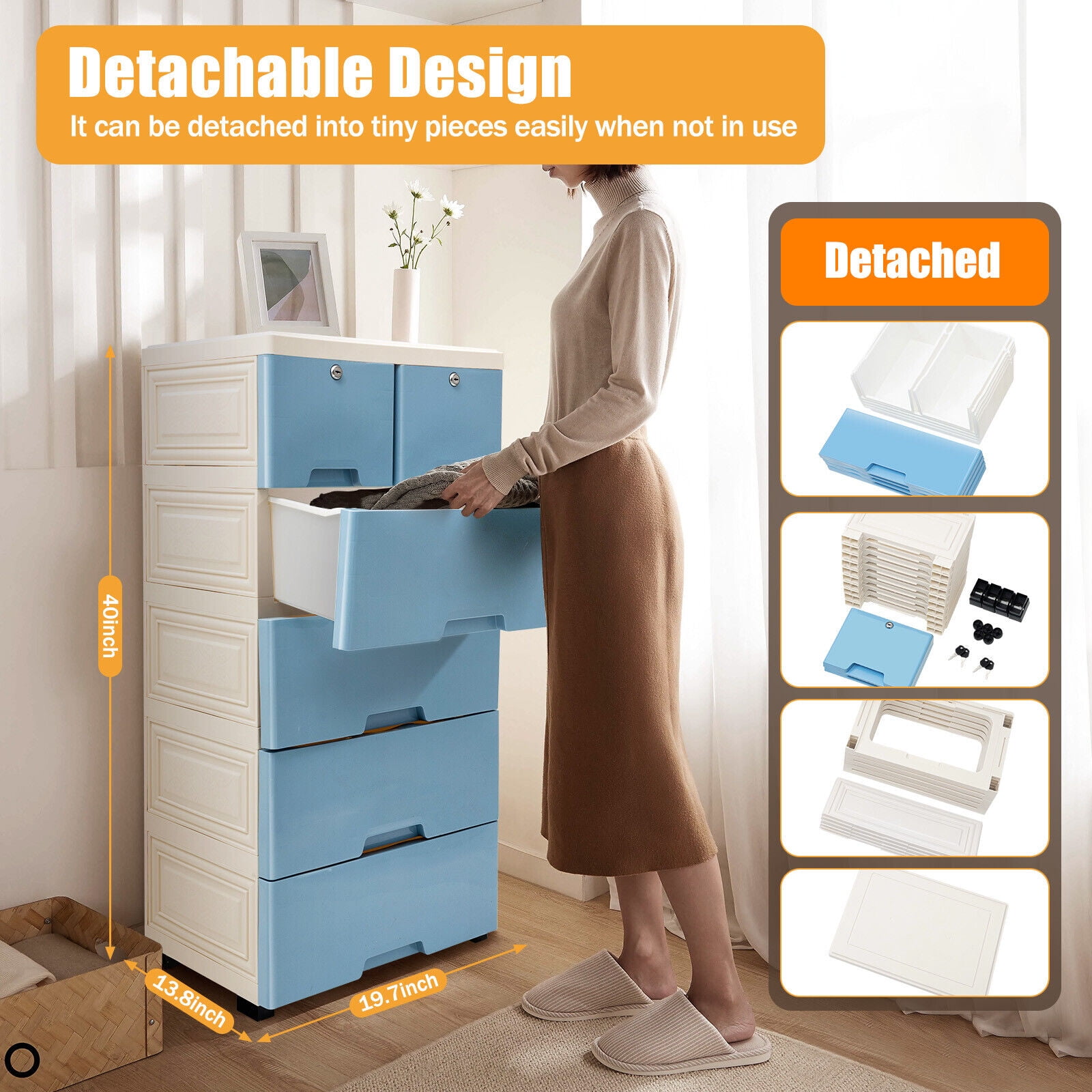 Blue 5-Layer Storage Cabinet, 6-Drawer Plastic Dresser, Closet ...