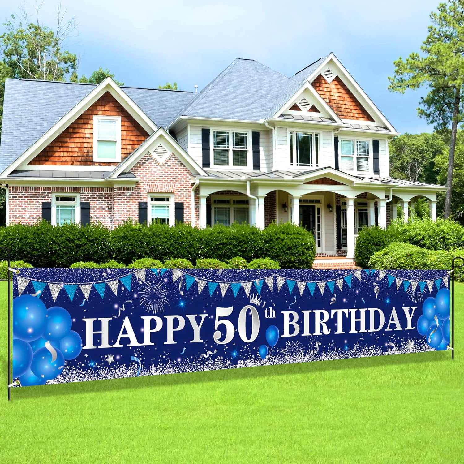 Blue 50th Birthday Decorations Banner for Men Women Navy Blue Silver ...