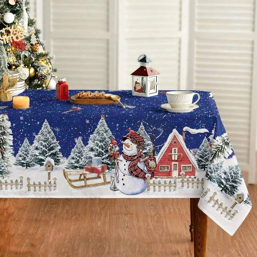 Blue 52x70 Inch Rectangular Christmas Tablecloth Winter Snowman House ...