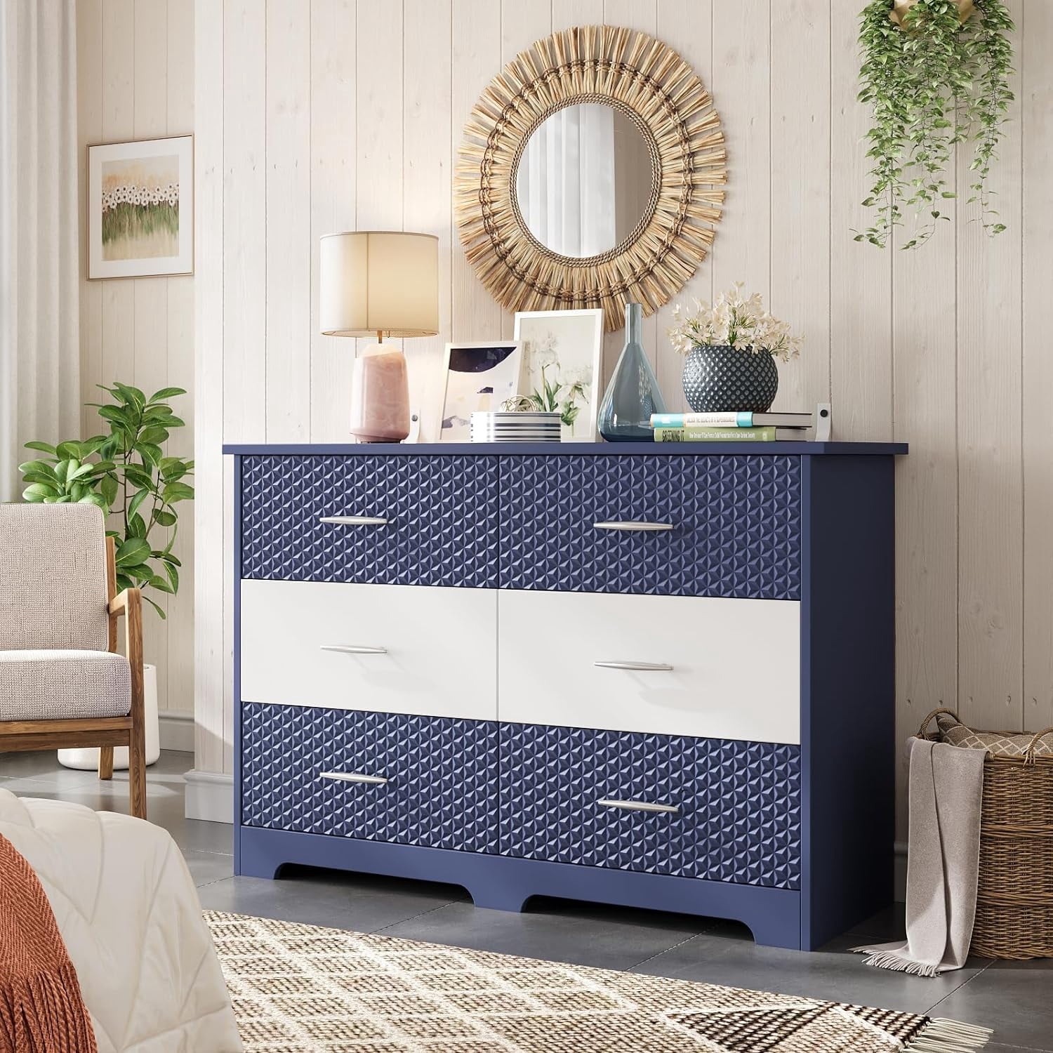 Blue 6 Drawer Dresser for Bedroom, Modern Wide Chest Of Drawers Wood ...