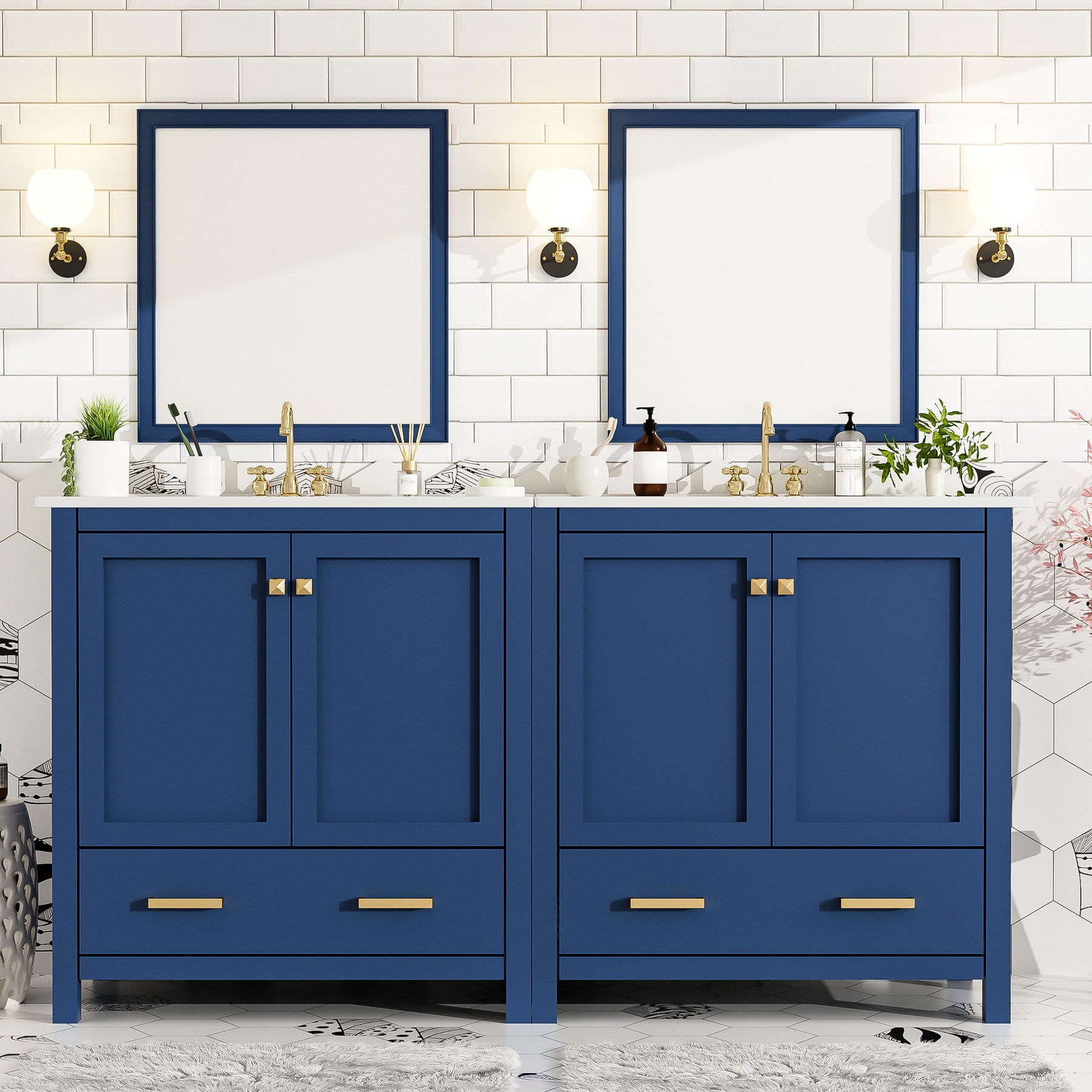 Blue 60" Bathroom Cabinet | Double Sinks & Partitioned Drawers ...