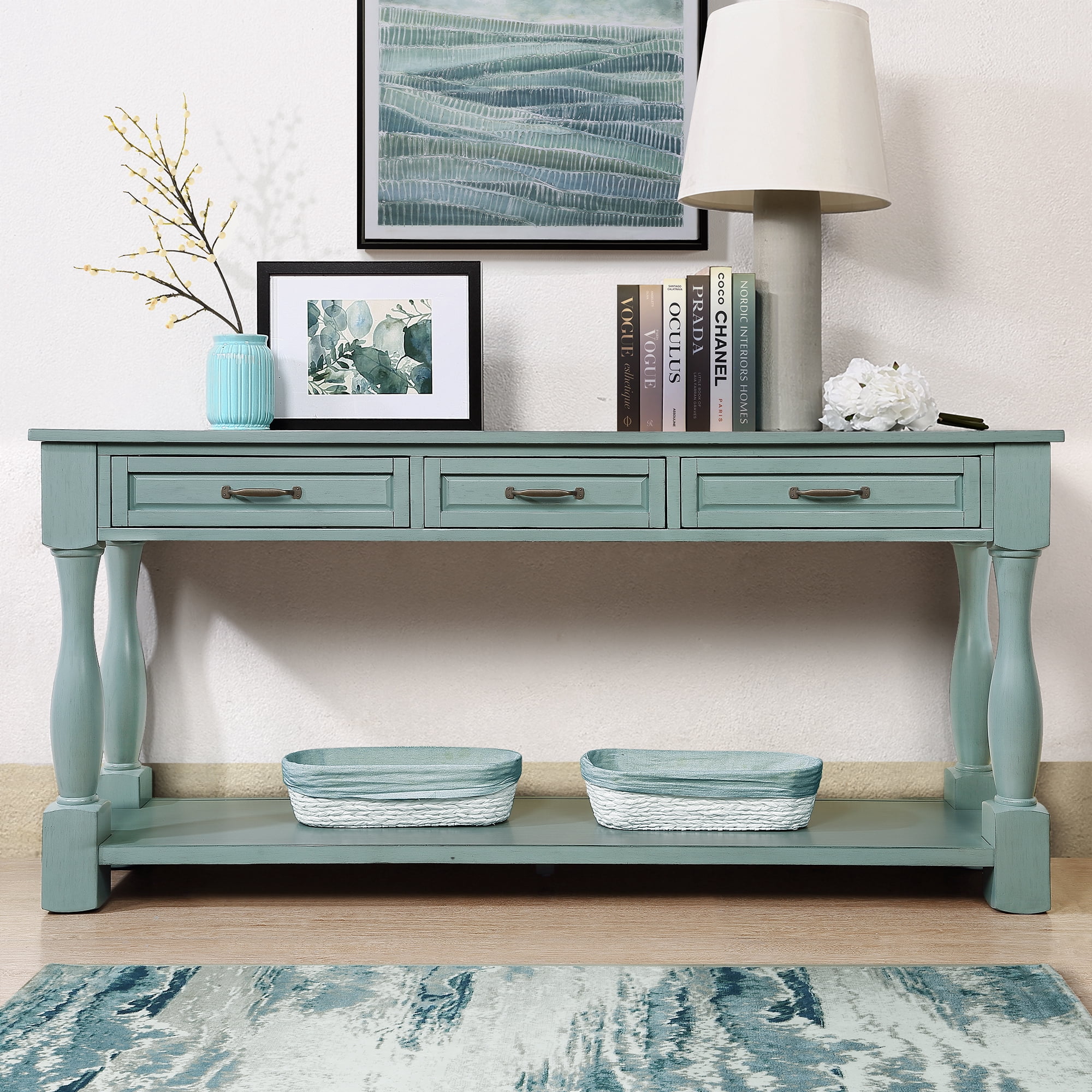 Blue 63 Pine Wood Console Table with 3 Drawers and Shelf for Entryway ...