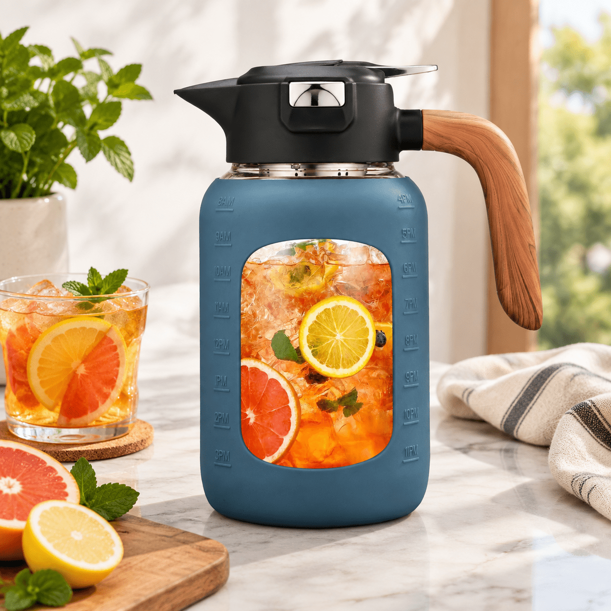 Blue 64 Ounces Borosilicate Glass Beverage Pitcher with Lid and Handle ...