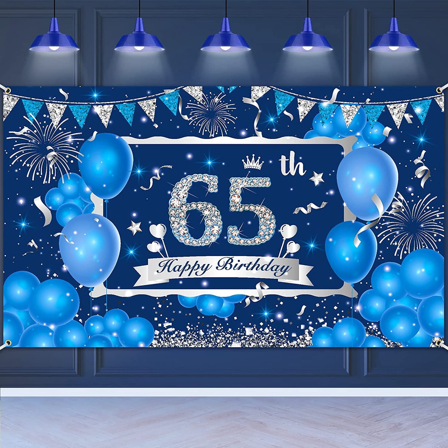 Blue 65th Birthday Decorations Banner for Men Women, Navy Blue Silver ...