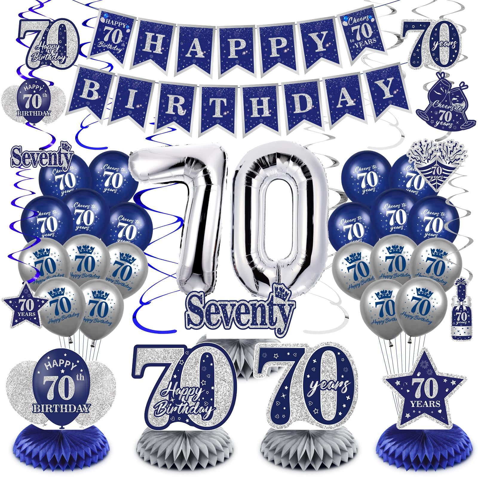 Blue 70th Birthday Decorations, IFF17 47Pcs Navy Blue Silver Happy ...