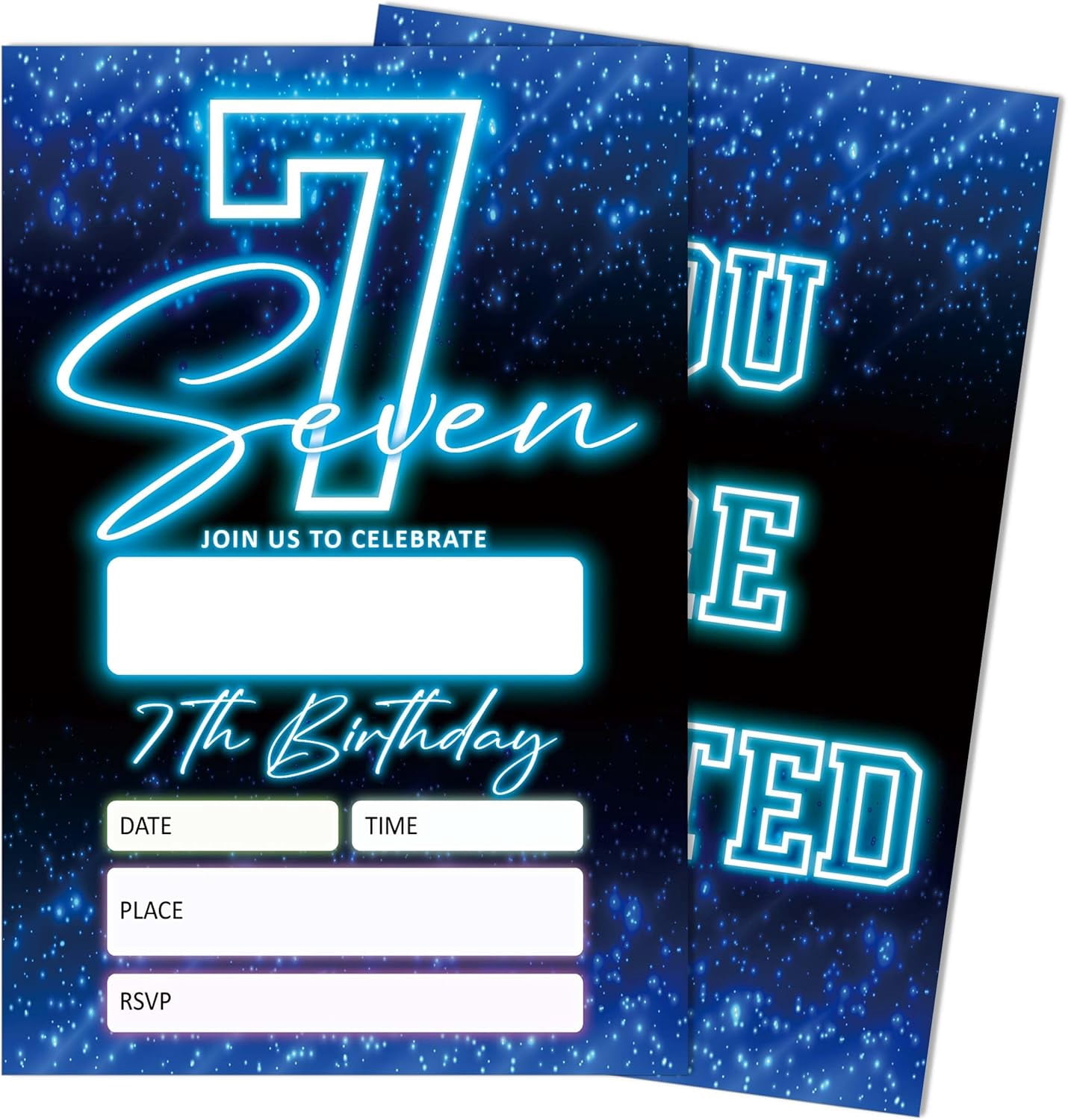Blue 7th Birthday Invitations for Boys, Neon Glow Party Invitations for ...