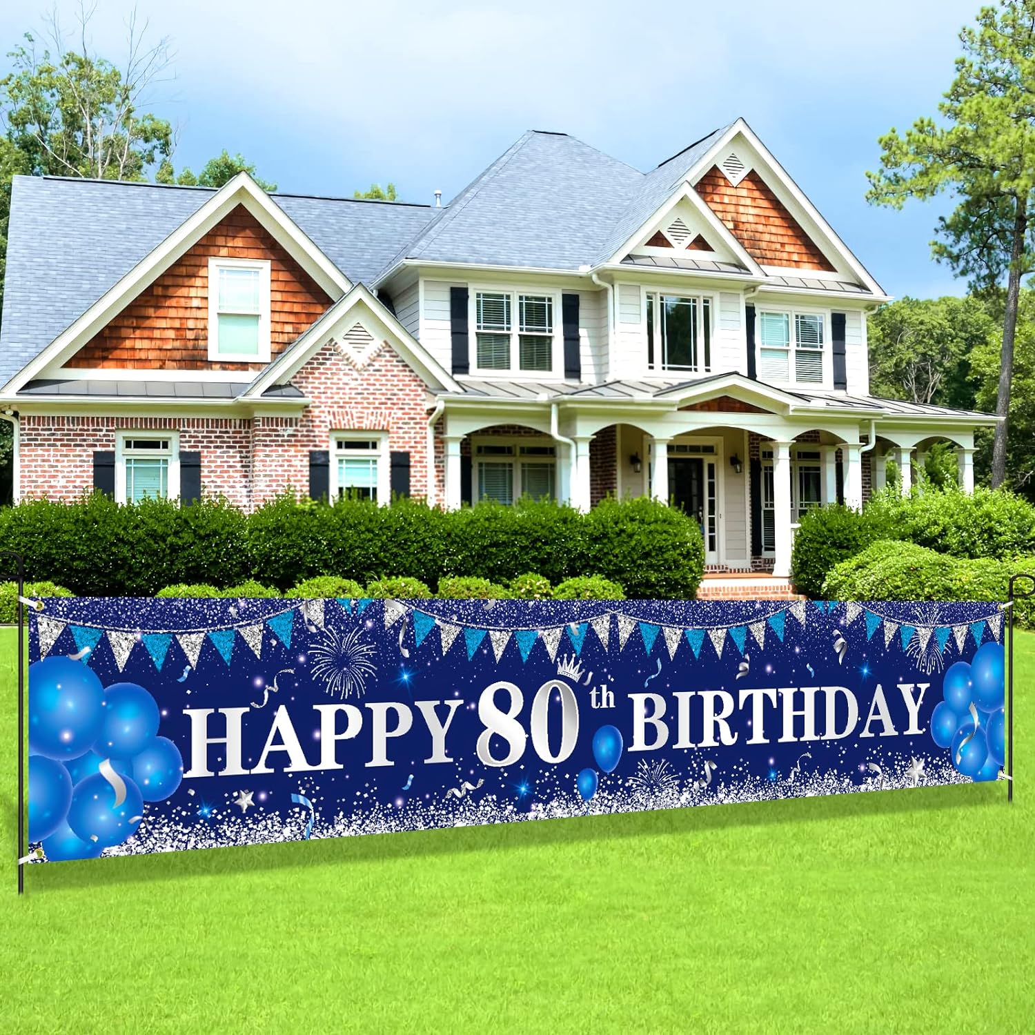 Blue 80th Birthday Decorations Banner for Men Women Navy Blue Silver Happy 80th Birthday Yard ...