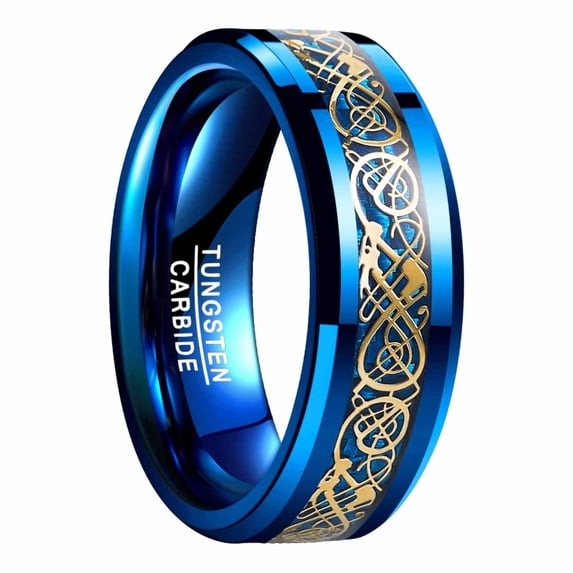 Blue 8mm Wide Men's Tungsten Carbide Ring with Gold Wire Wrapped ...
