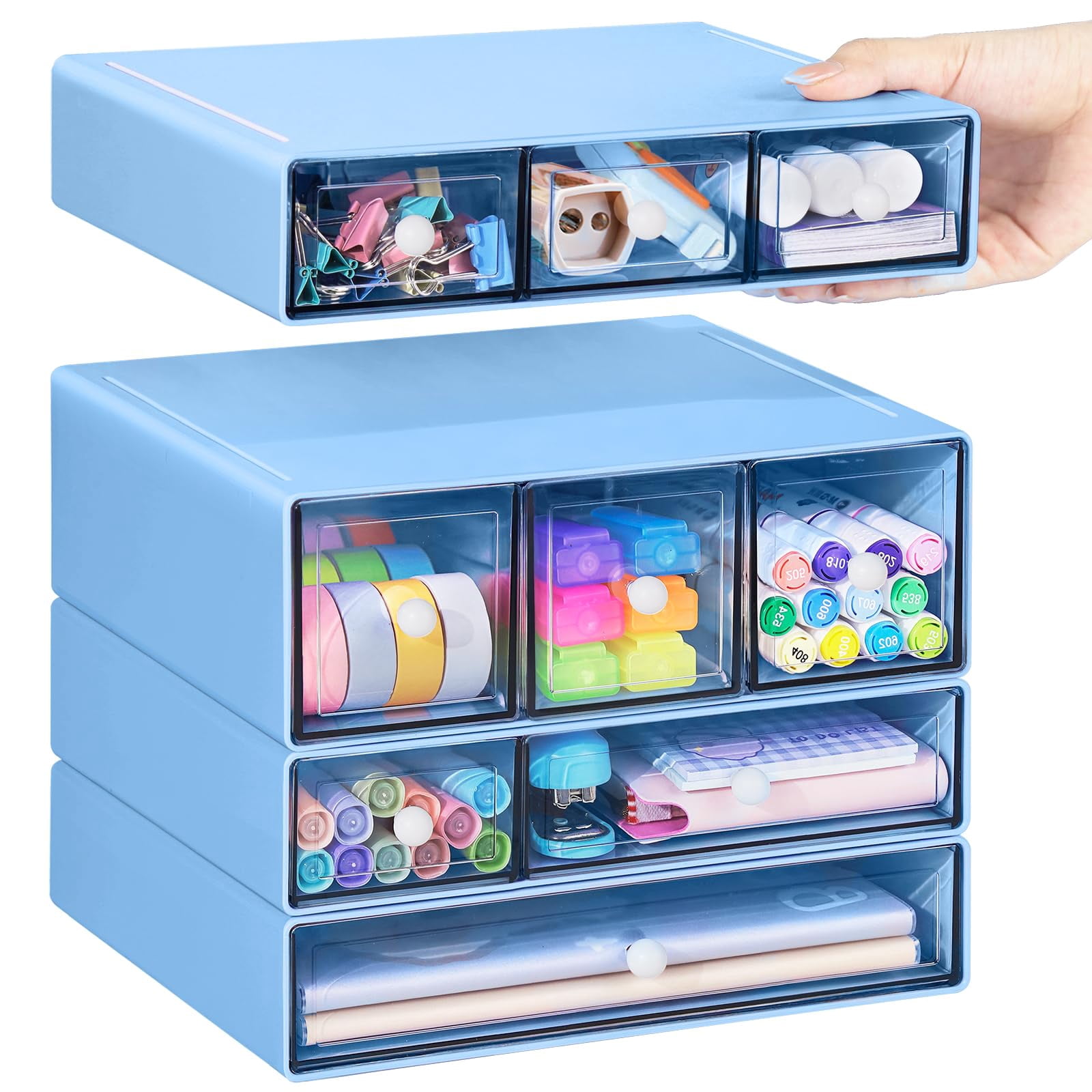 Blue 9-Drawer 4-Tier Stackable Desktop Organizer for Office Supplies ...