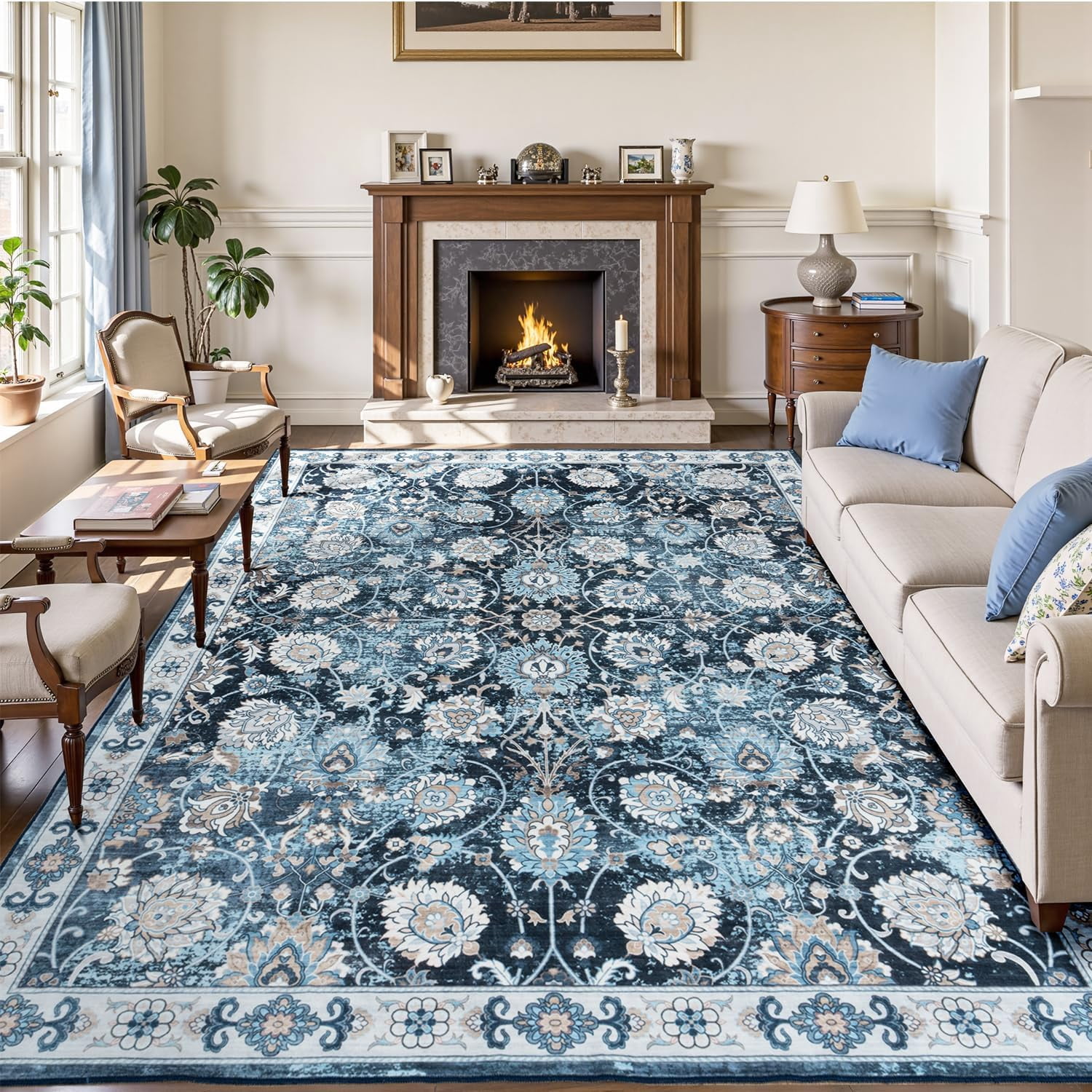 Blue 9x12 Area Rugs for Living Room, Washable Large Rug, Floral Soft ...