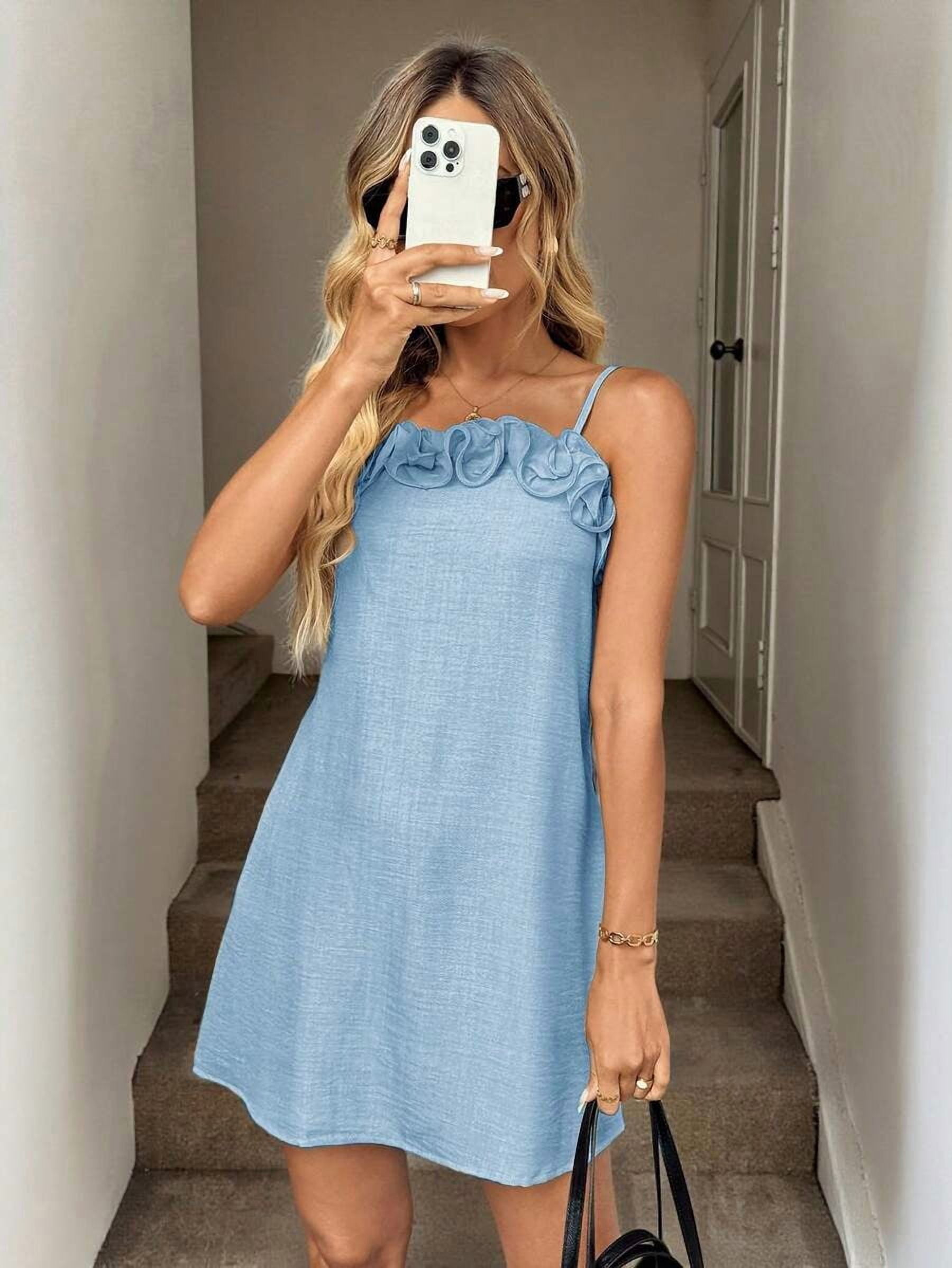 Blue A-Line Mini Dress With 3D Floral Ruffle Trim Sleeveless Summer ...