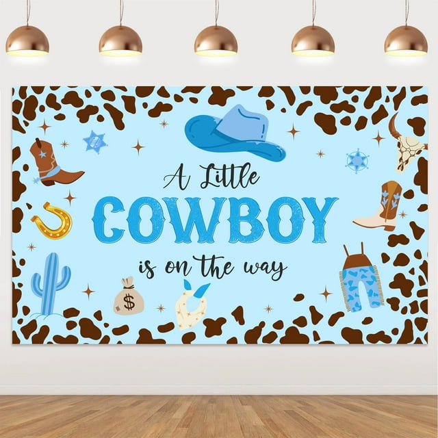 Blue A Little Cowboy Is on The Way Backdrop Western Cowboy Baby Shower ...