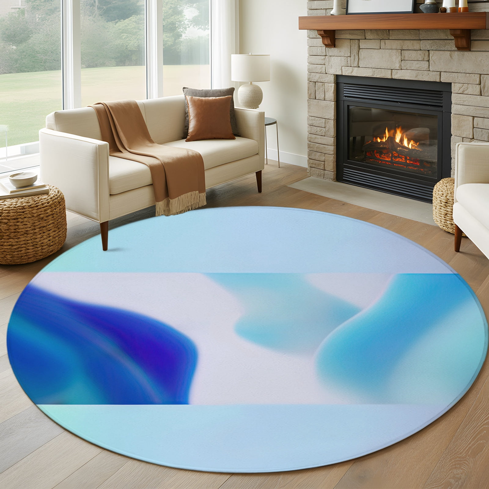 Blue Abstrac 7FT Round Area Rugs for Living Room Ultra-Thin Non-Slip ...
