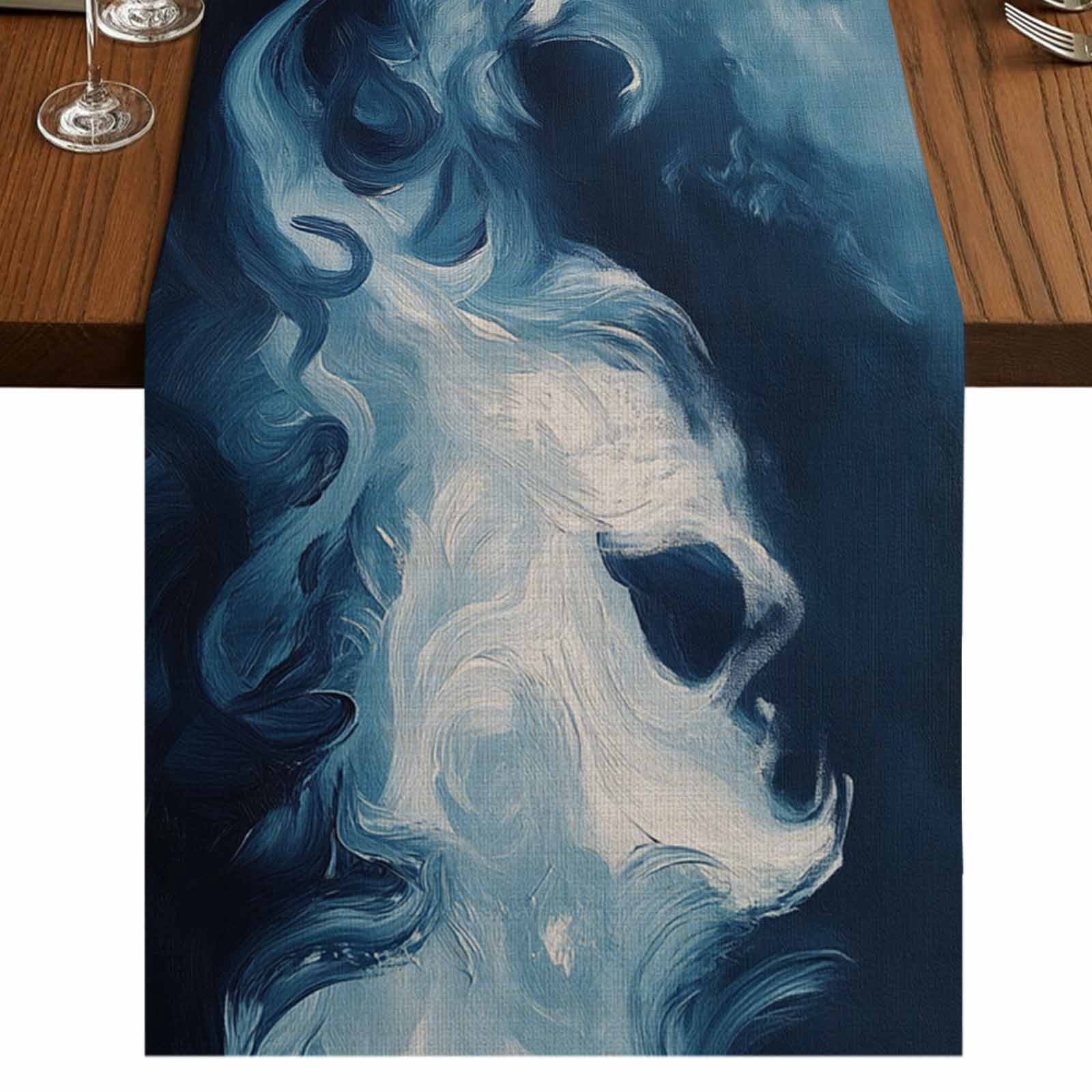 Blue Abstract Art 120 Inch Table Runner, Modern Waves Art Farmhouse ...