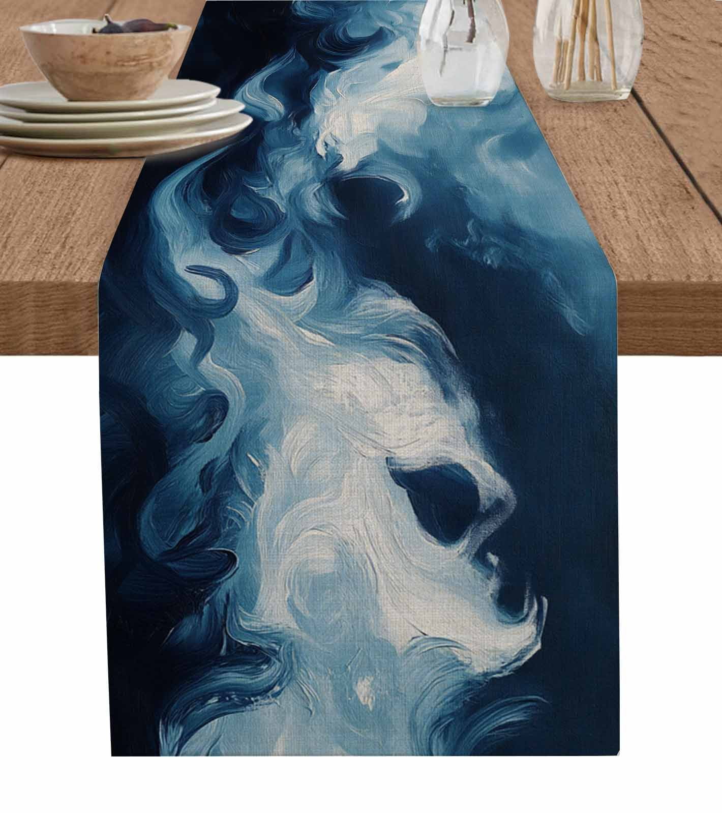 Blue Abstract Art Burlap Cotton Table Runner 14x72 Inches Long, Modern ...