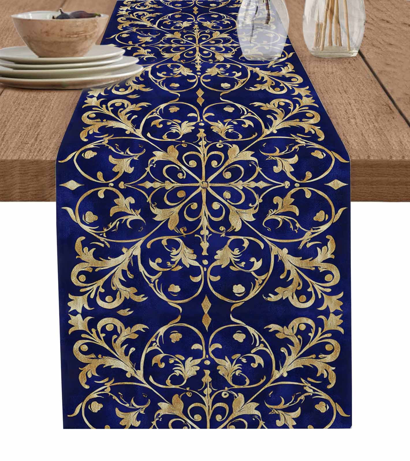 Blue Abstract Art Burlap Cotton Table Runner 14x72 Inches Long, Vintage ...