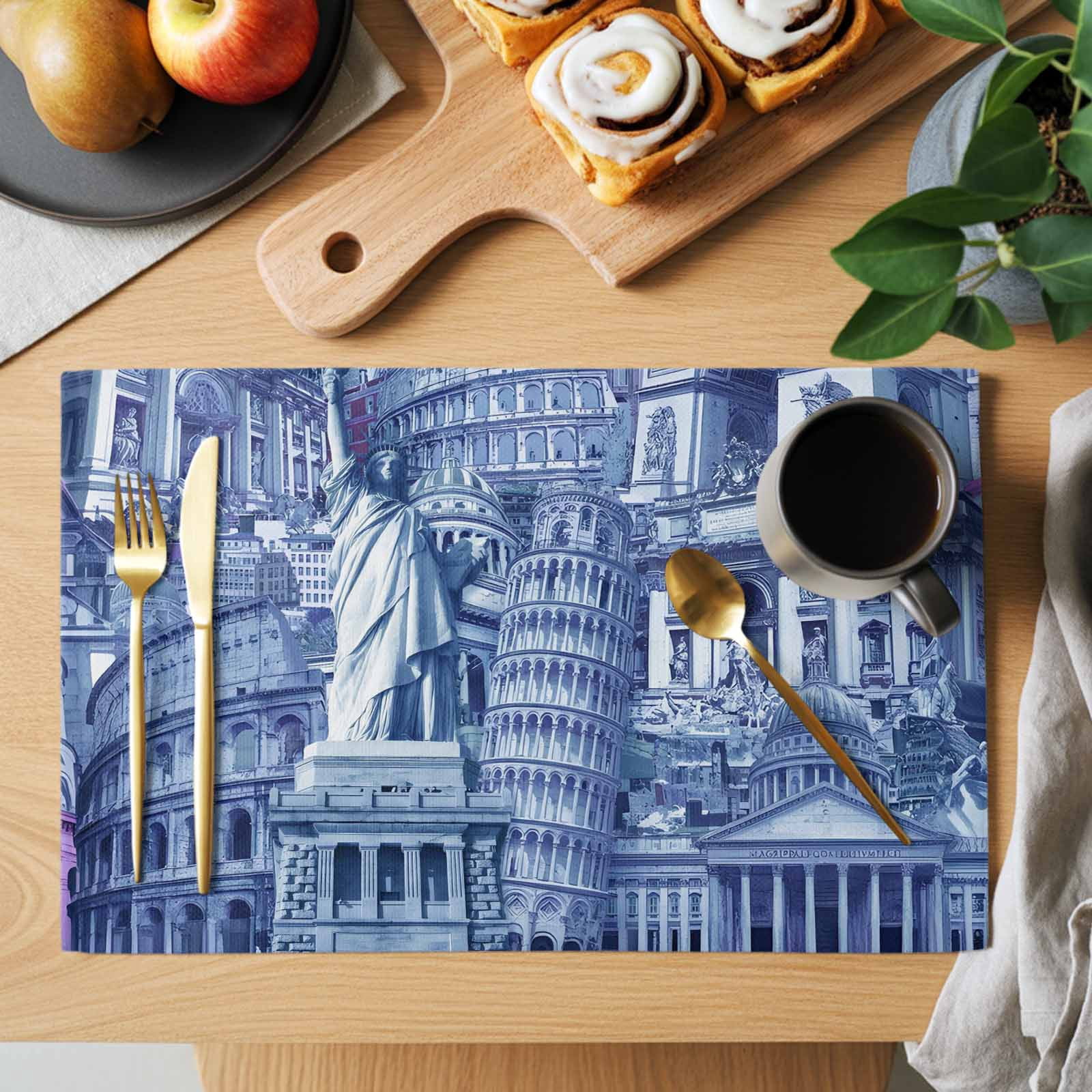 Blue Abstract Art Placemats Set of 4, Classical World-famous Buildings ...
