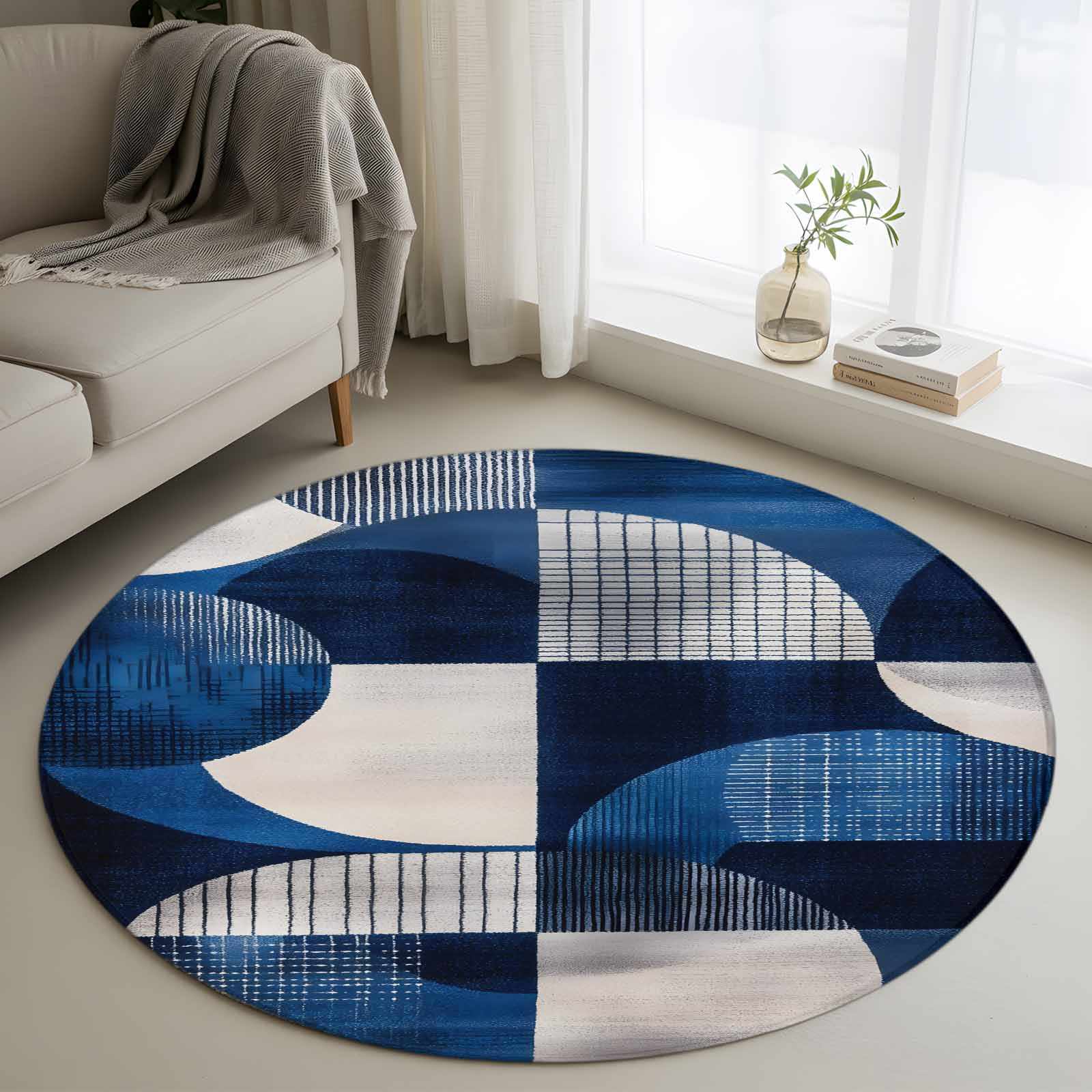 Blue Abstract Art Round Rug 4ft Washable Circle Entryway Rugs Non Slip ...