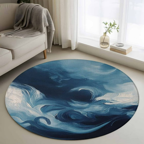 Blue Abstract Art Round Rug 4ft Washable Circle Entryway Rugs Non Slip ...