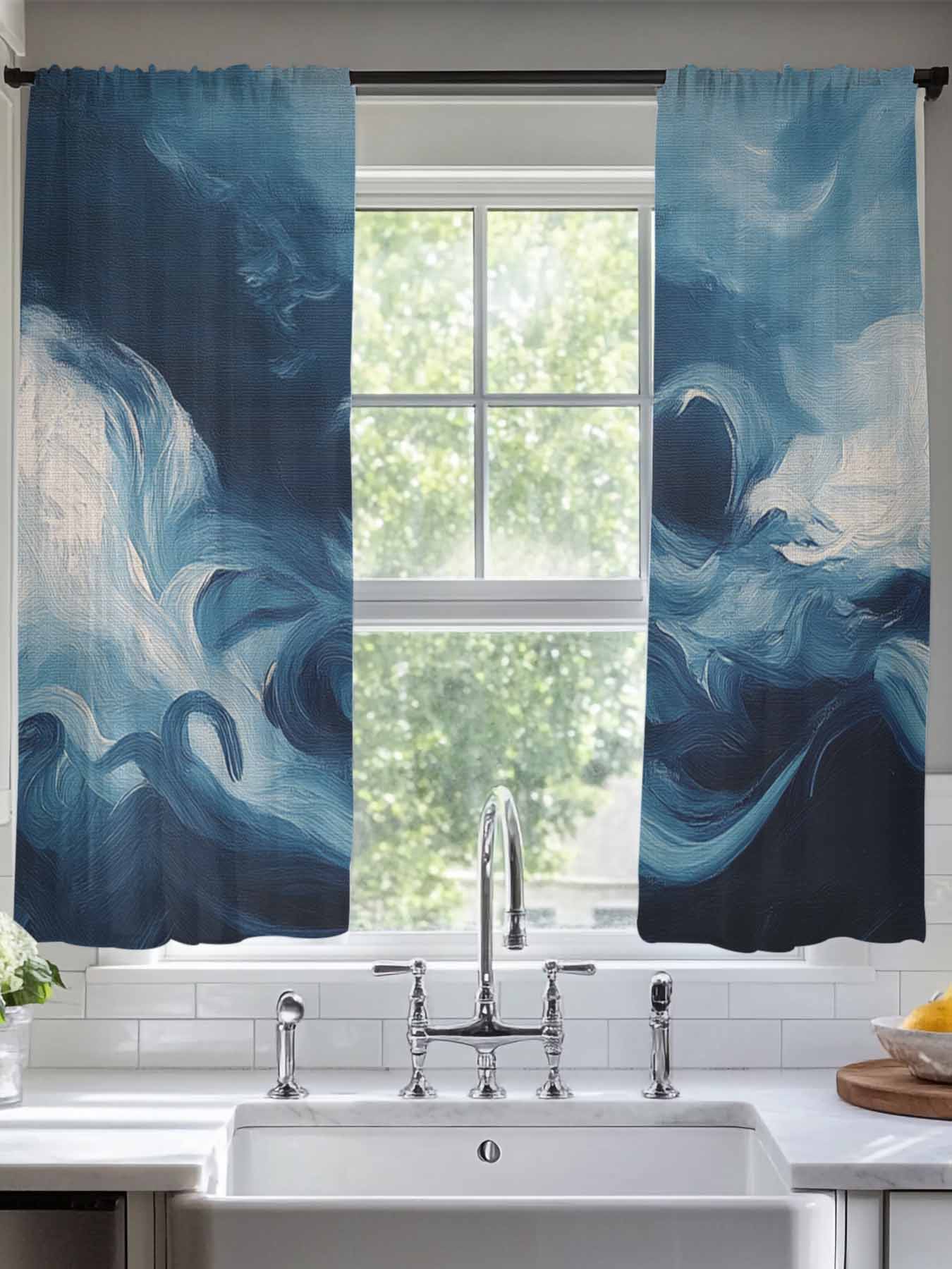 Blue Abstract Art Sheer Curtains for Living Room Bedroom Modern Waves ...