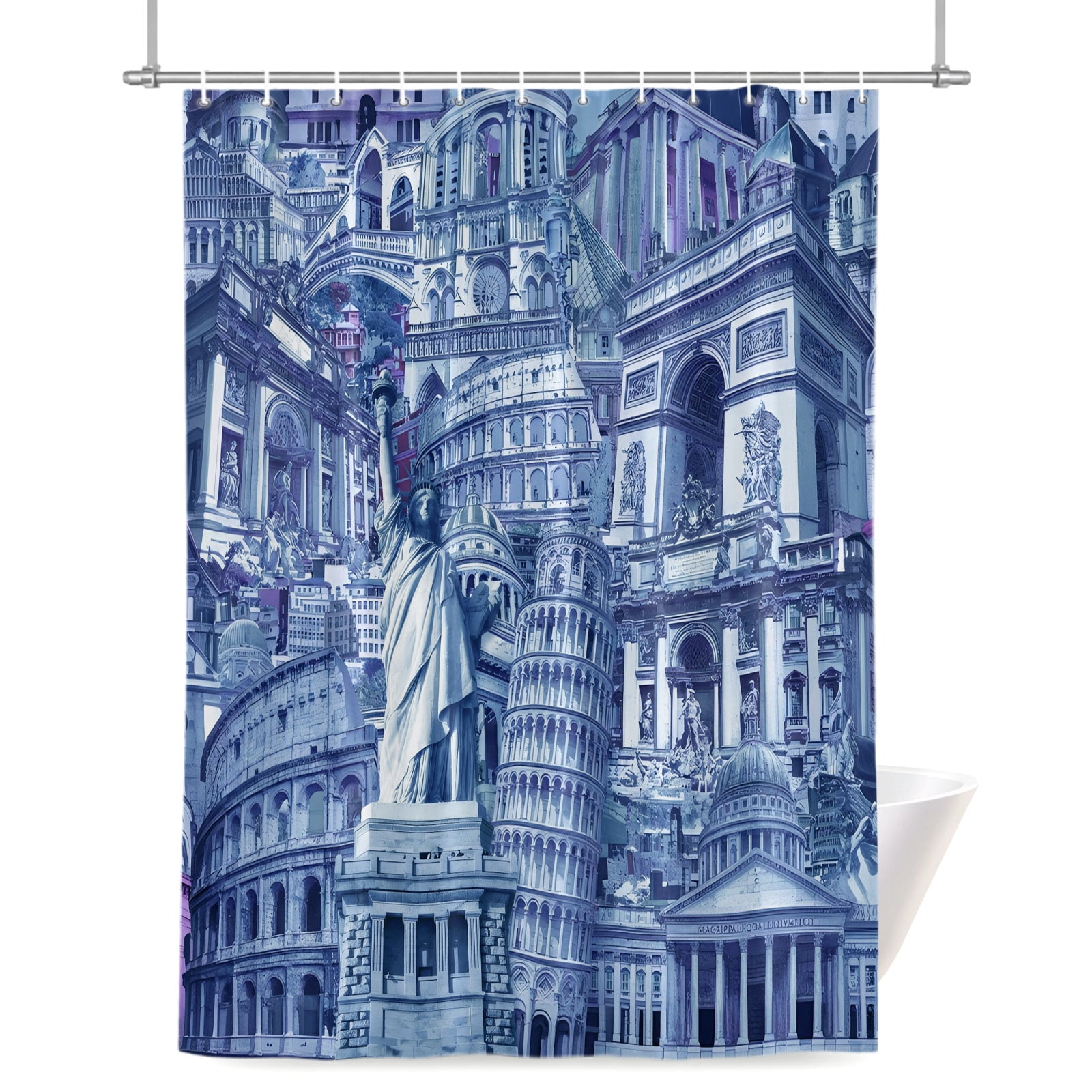 Blue Abstract Art Shower Curtain, Classical World-famous Buildings ...