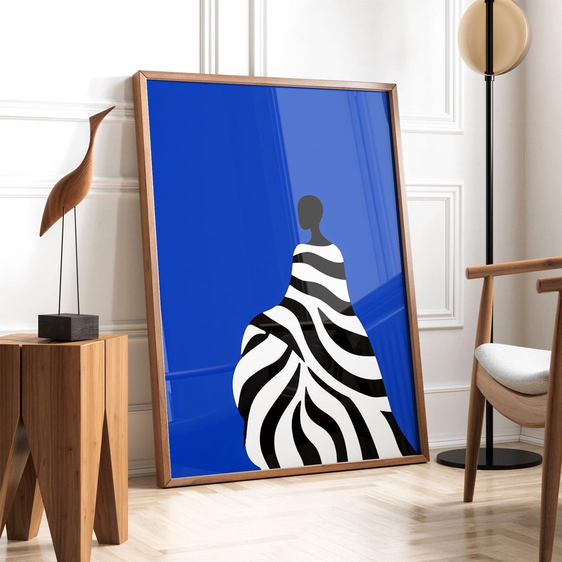 Blue Abstract Art Striped Afro Woman Silhouette Nordic Minimalist ...